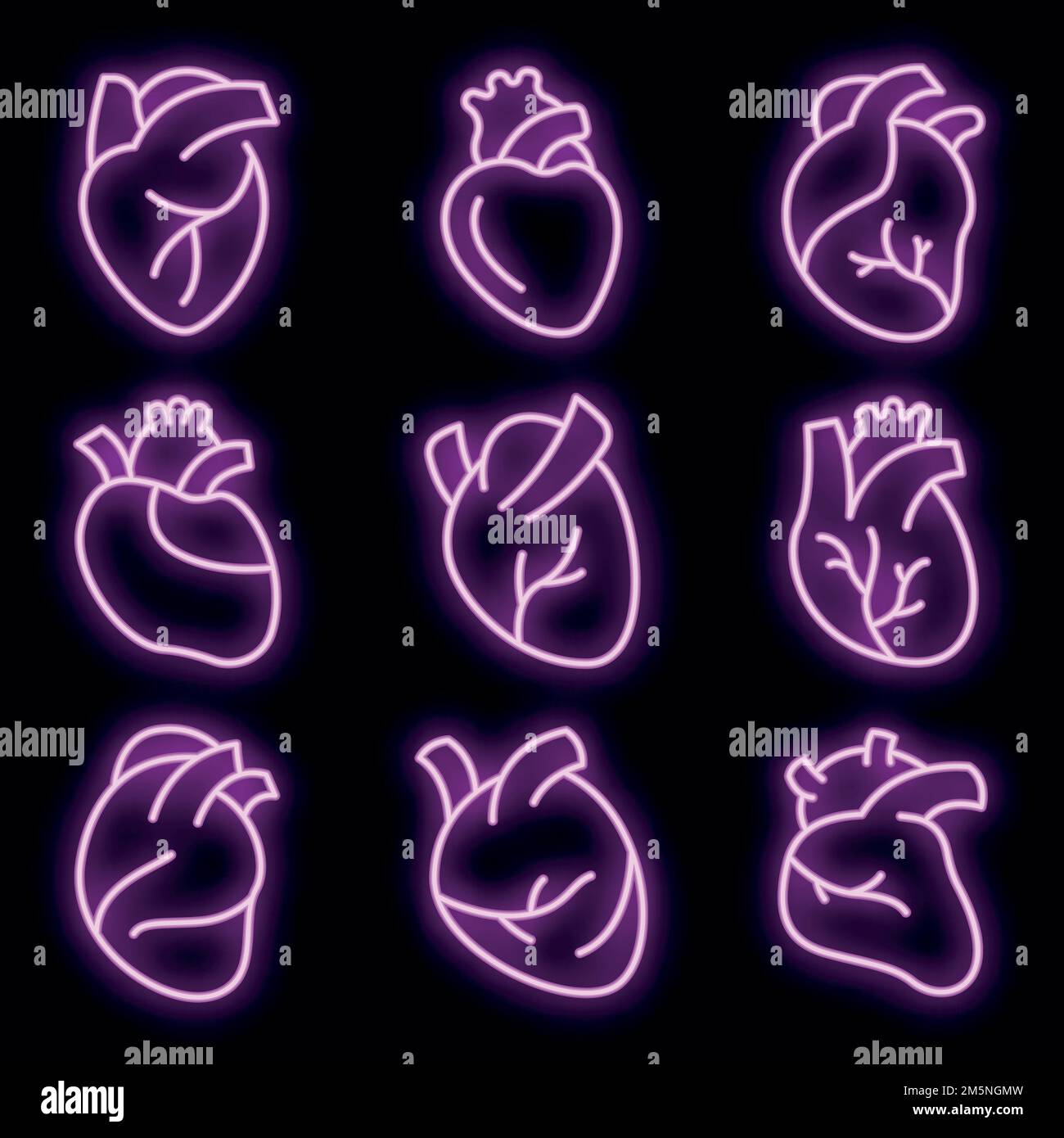 Human heart icons set. Outline set of human heart vector icons neon ...
