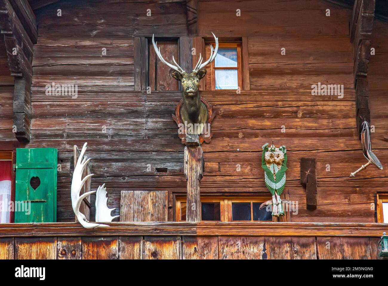 Detail from traditional hunter house in Switzerland Alps Stock Photo ...