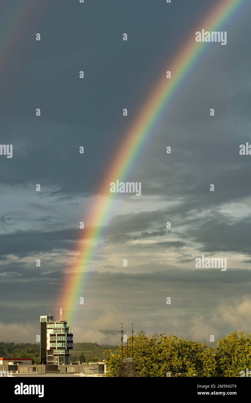 Rainbow over the aquaTurm hotel in Radolfzell on Lake Constance ...