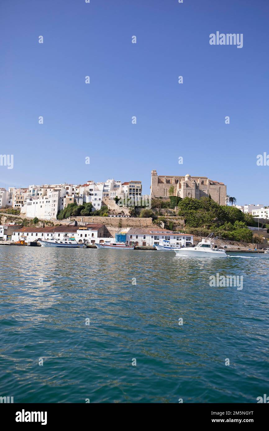 Old town and boats in the natural harbour of Mao, Mahon, Menorca, Spain ...