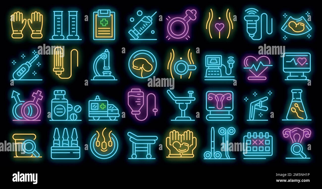 Gynecologist icons set. Outline set of gynecologist vector icons neon ...