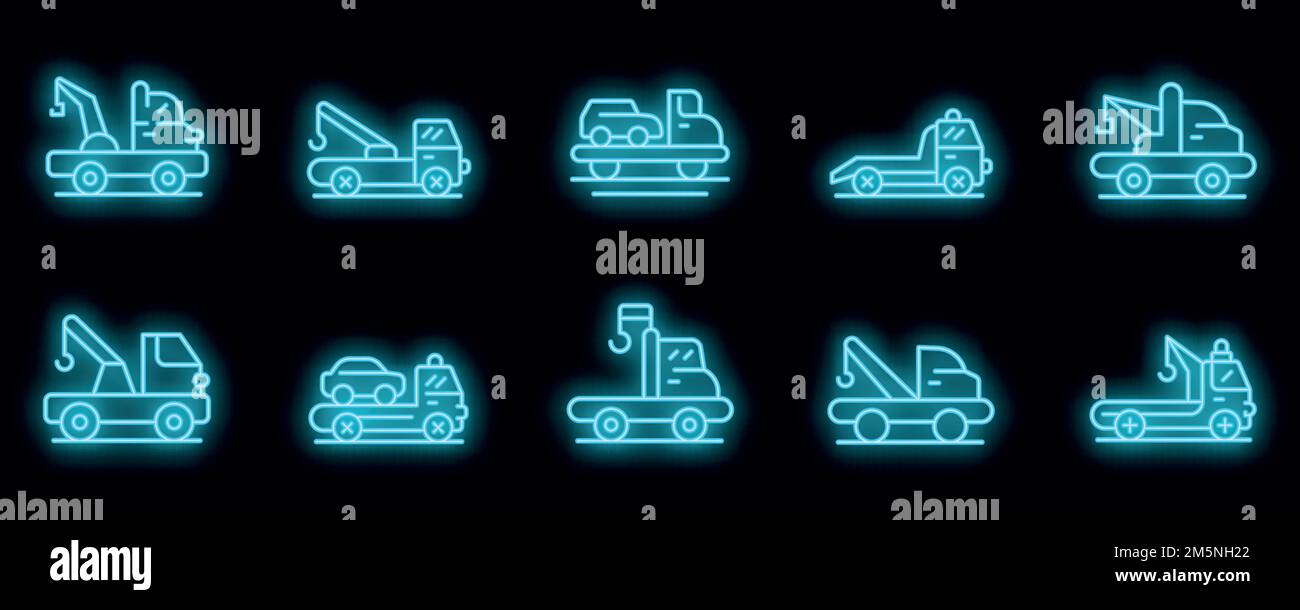 Tow truck icons set. Outline set of tow truck vector icons neon color on black Stock Vector ...
