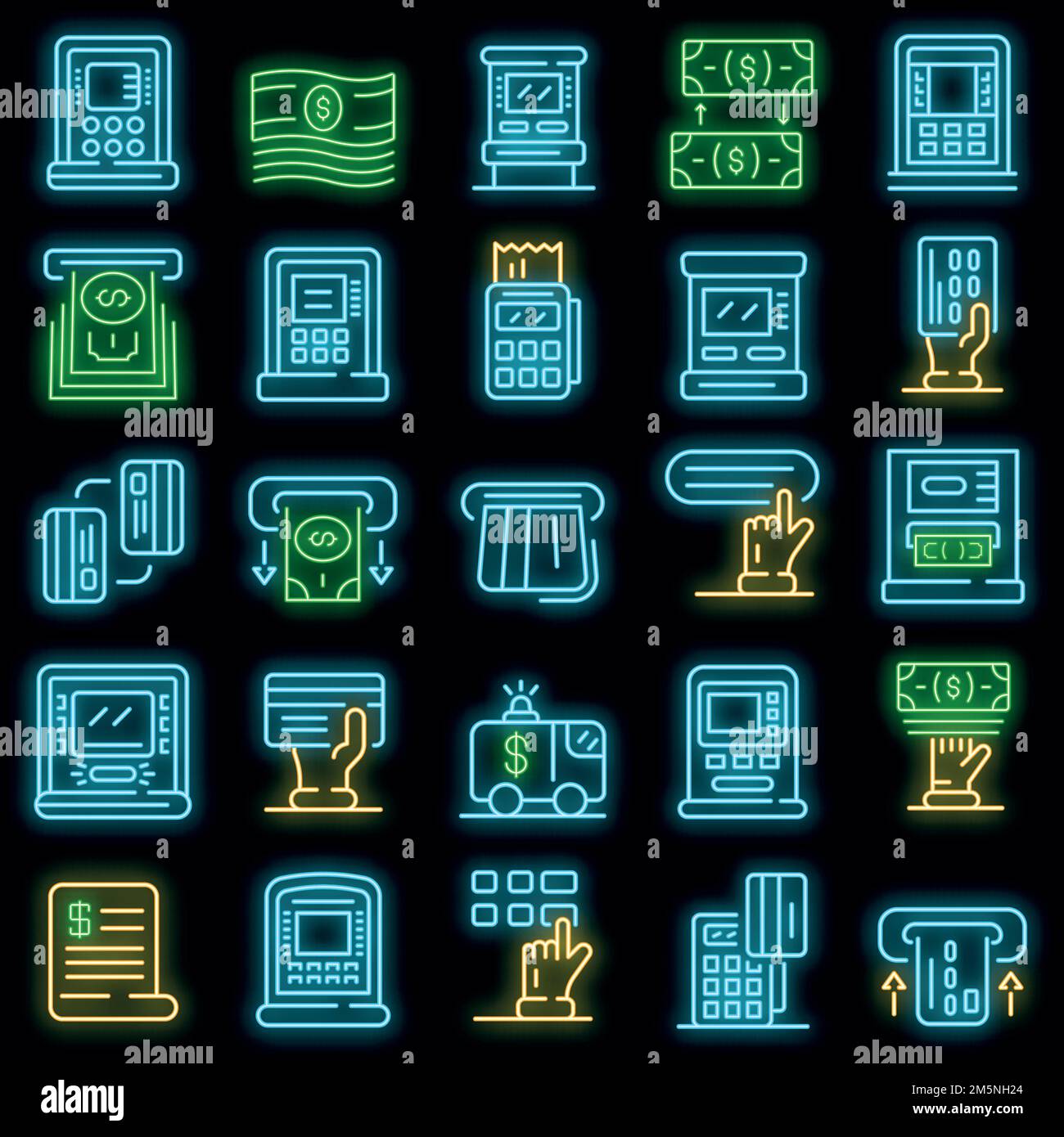 Atm machine icons set. Outline set of atm machine vector icons neon color on black Stock Vector ...