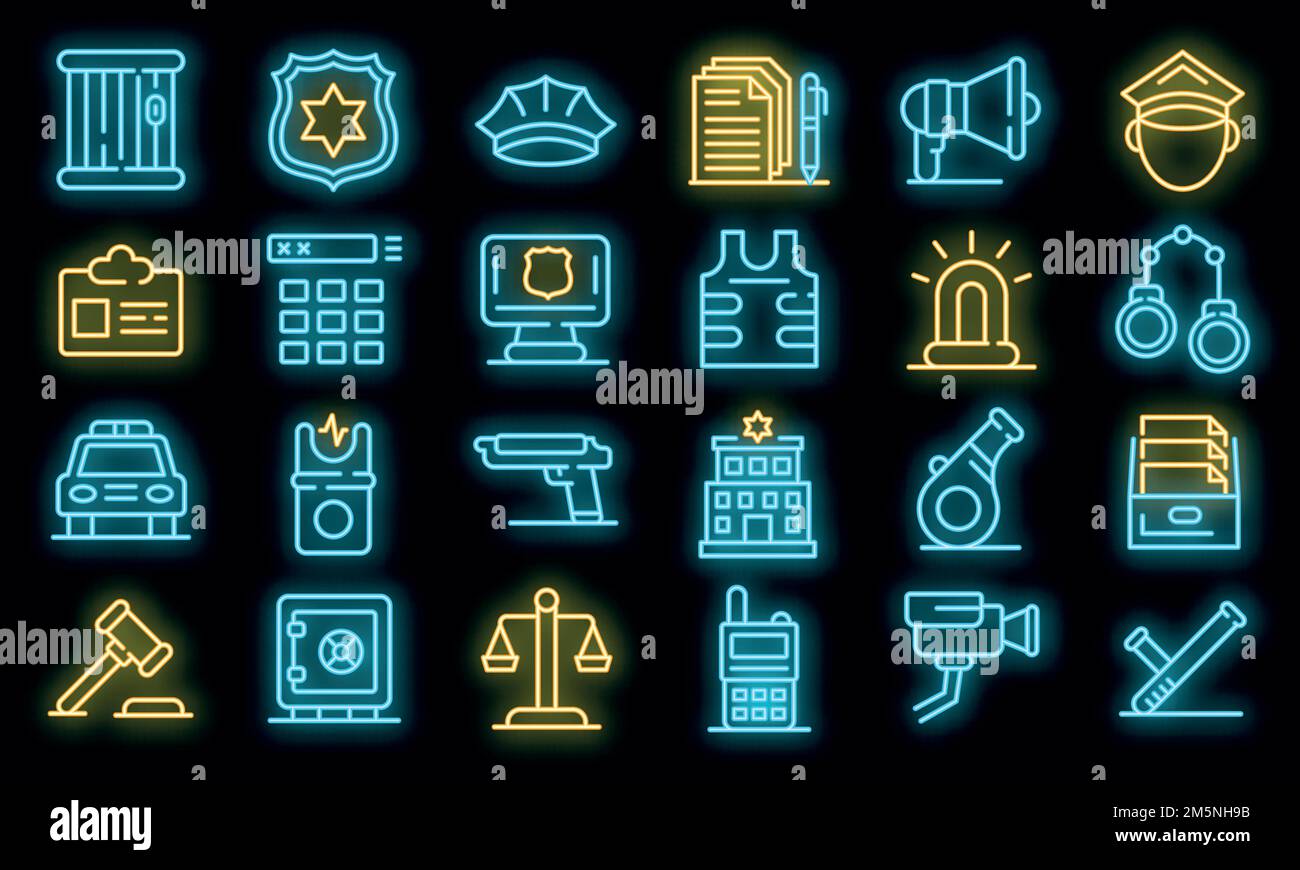 Police station icons set. Outline set of police station vector icons ...