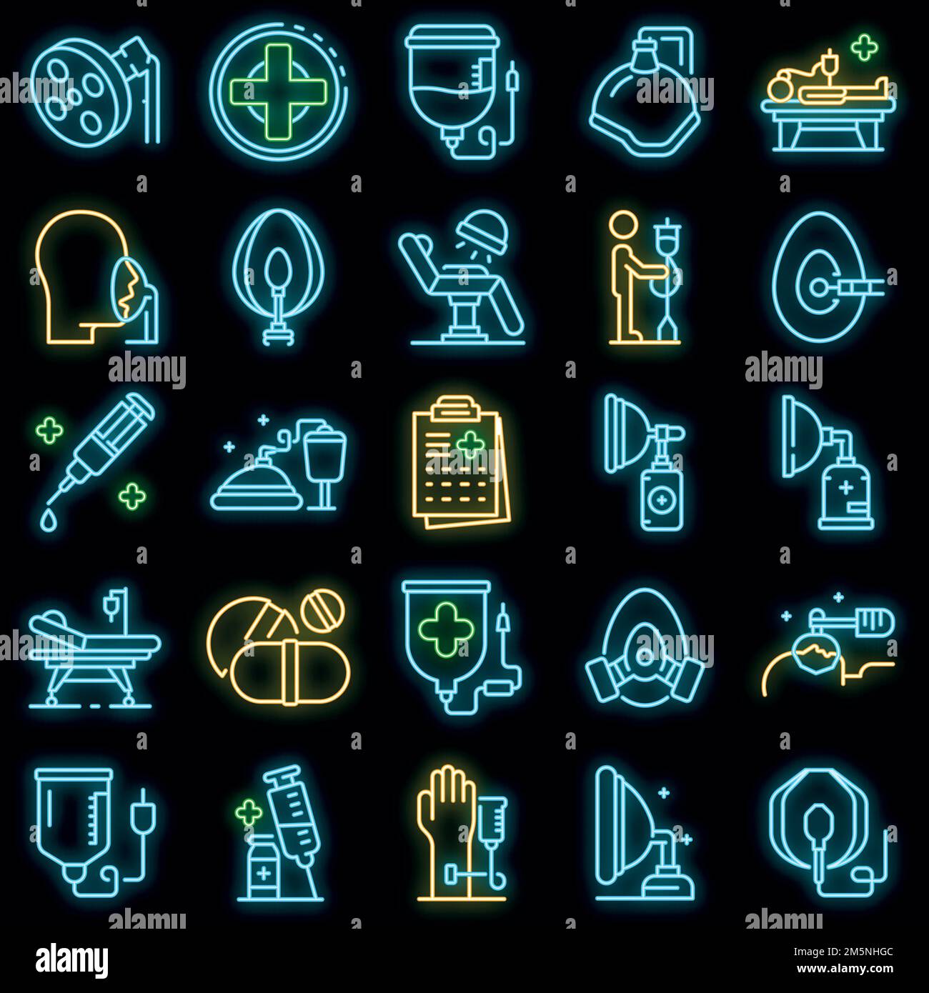 Anesthesia icons set. Outline set of anesthesia vector icons neon color on black Stock Vector ...