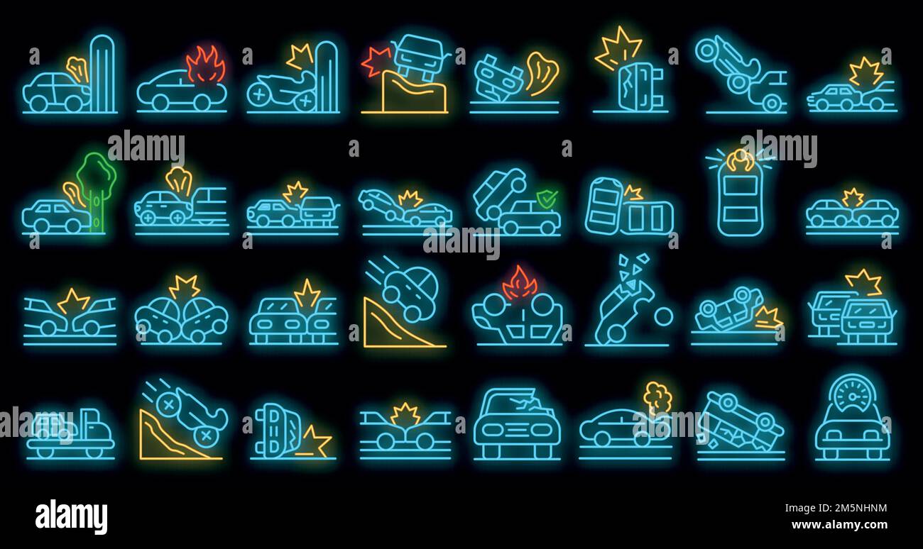 Car accident icons set. Outline set of car accident vector icons neon ...