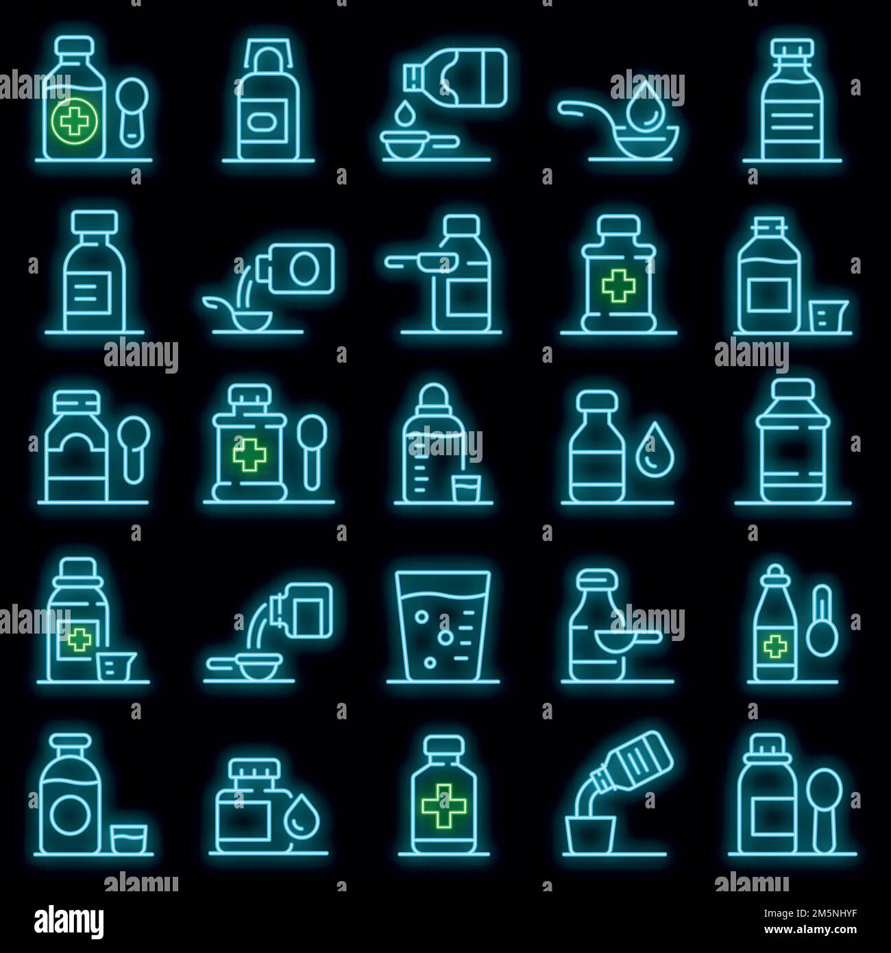 Cough syrup icons set. Outline set of cough syrup vector icons neon ...
