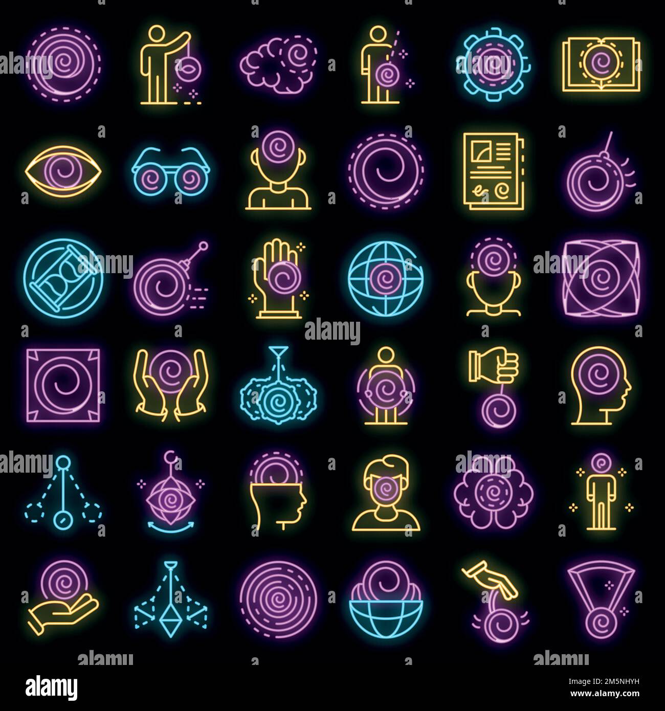 Hypnosis icons set. Outline set of hypnosis vector icons neon color on ...