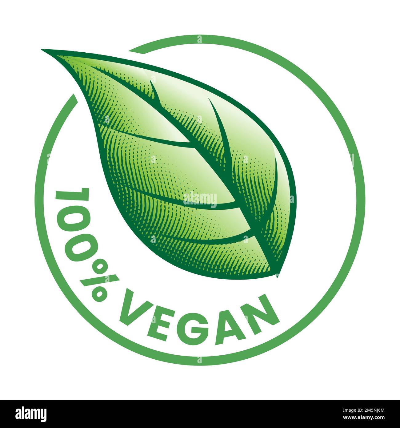 100% Vegan Engraved Round Icon with a Green Leaf isolated on a White ...