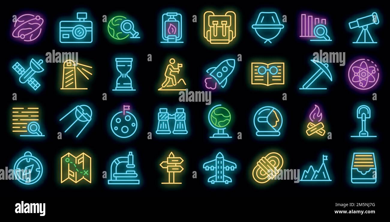Exploration icons set. Outline set of exploration vector icons neon ...