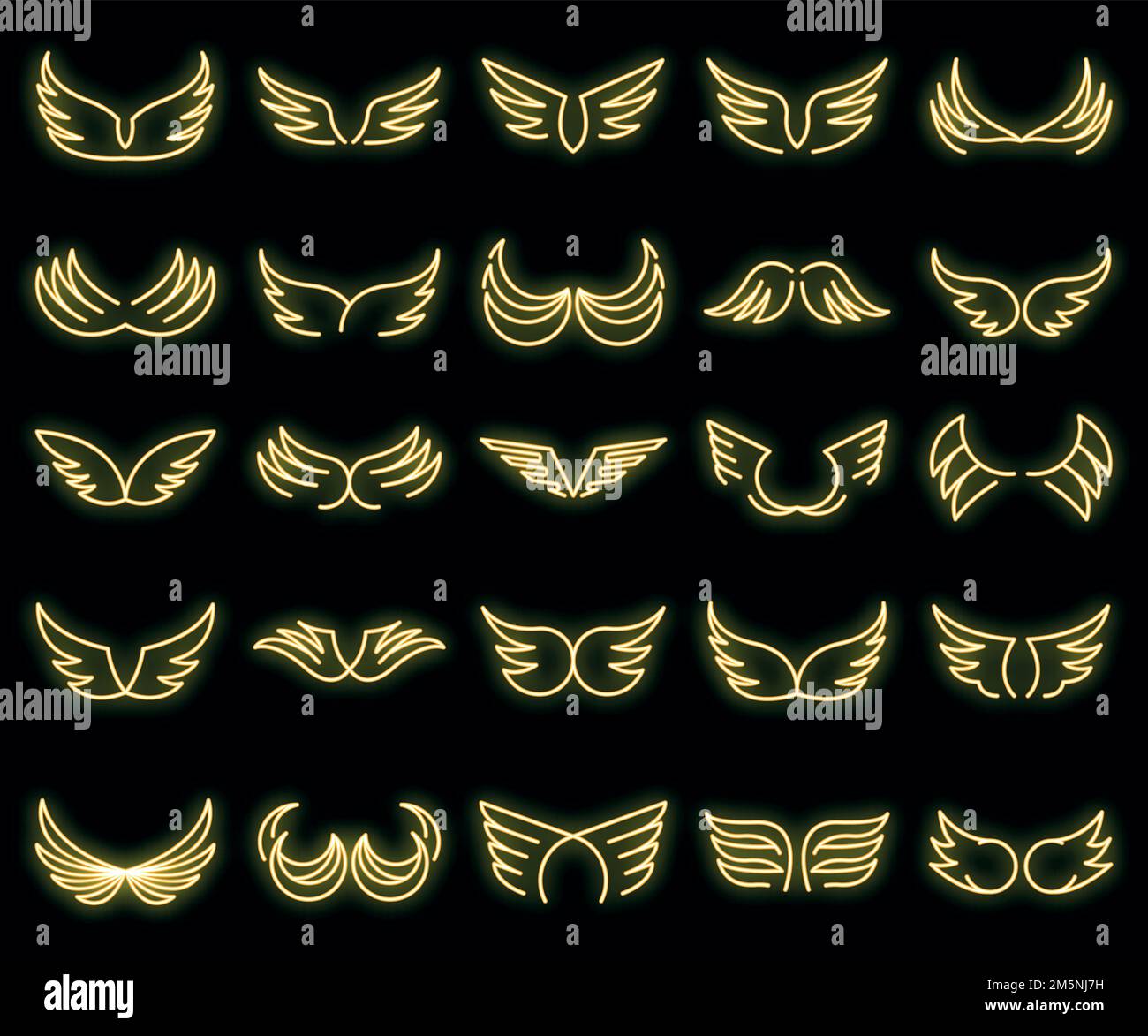 Wings icons set. Outline set of wings vector icons neon color on black ...