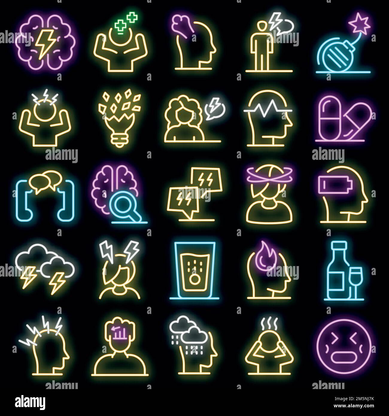Stress icons set. Outline set of stress vector icons neon color on ...
