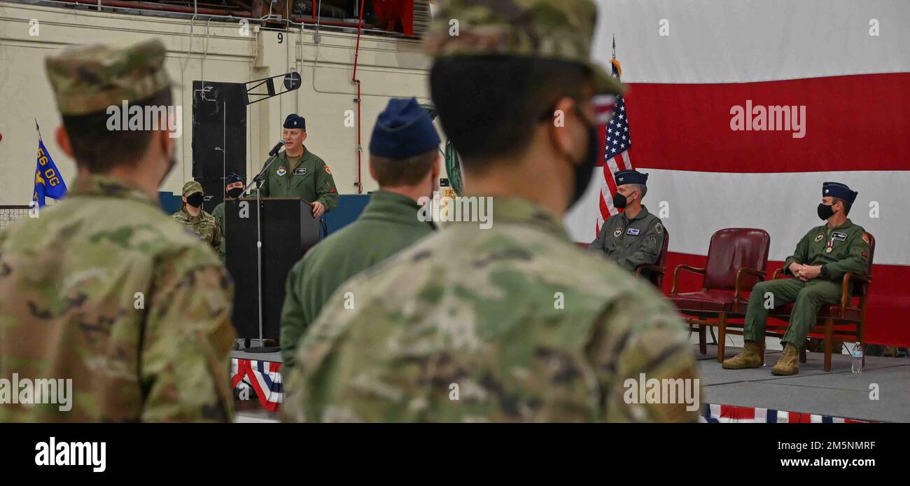 U.S. Air Force Lt. Col. Paul Baker, commander of the 550th Fighter Squadron, addresses his ...
