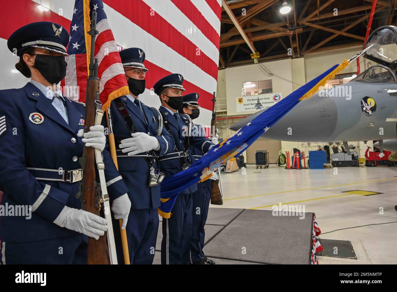The Kingsley Field Honor Guard post the colors during a change of command ceremony for the 550th ...
