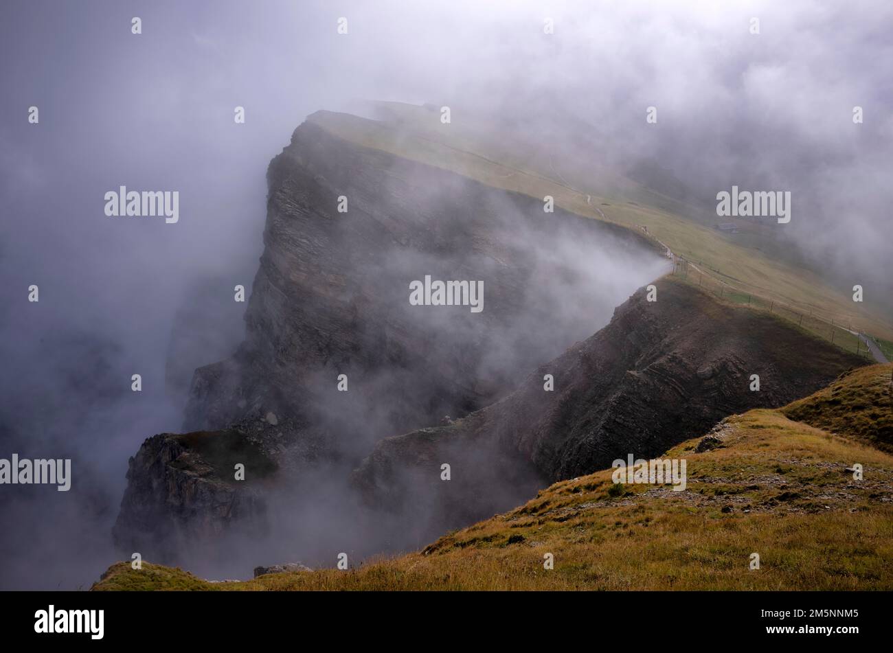 Odle, Puez-Odle nature Park, morning mist, Seceda, Val Gardena ...