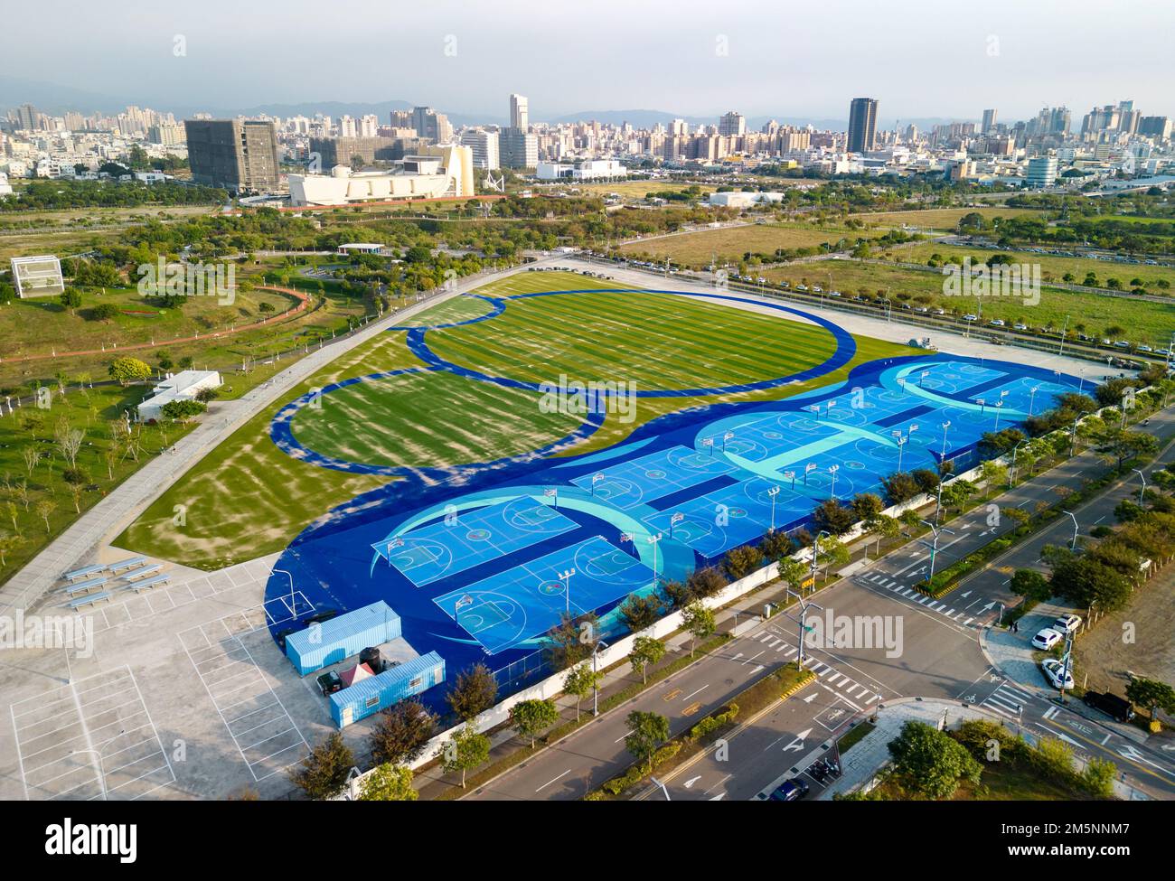 Aerial view of Taichung Central Park public basketball court. Xitun ...
