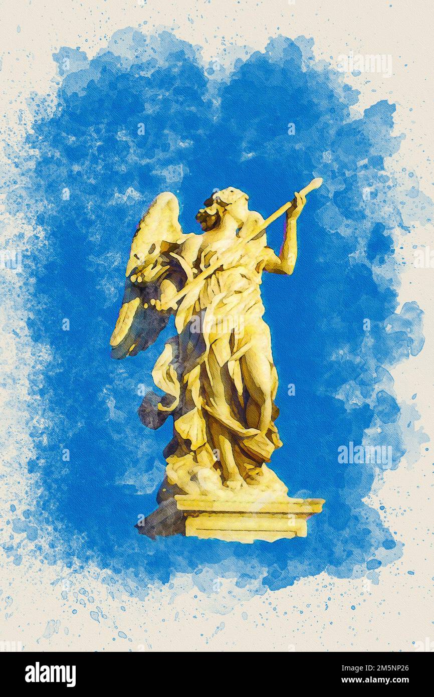 Watercolor painting of a holy angel statue with wings holding a war ...