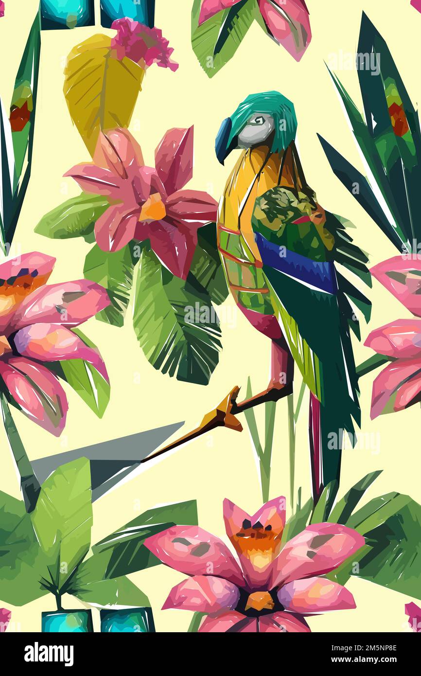 Colorful illustration of bird, flowers, leaves. Vector for wallpapers ...