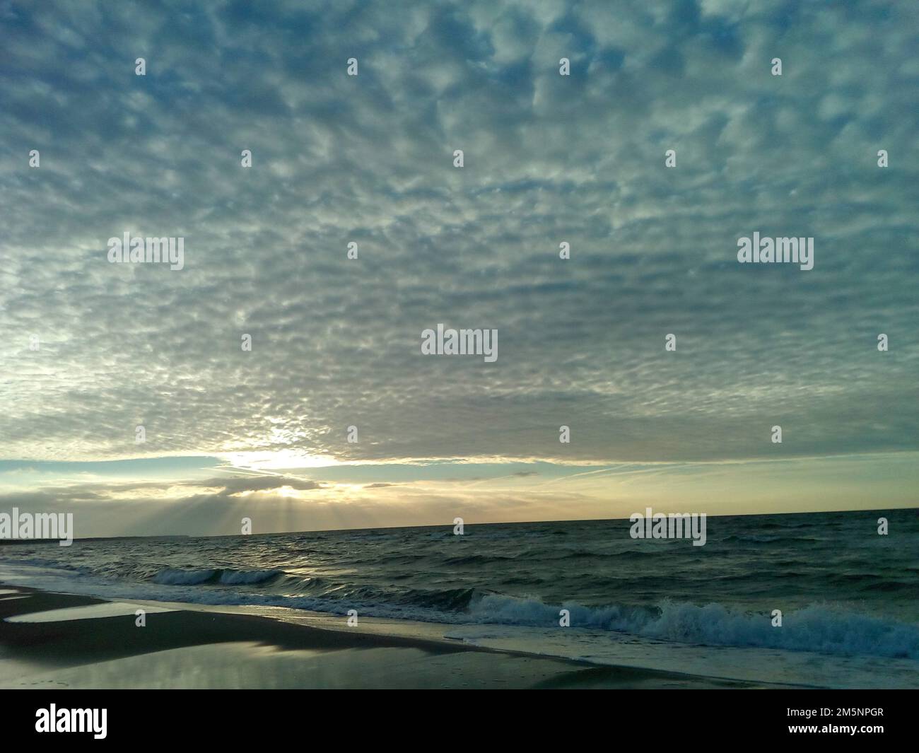 A wonderful view of a beach on a windy day during a scenic sunrise ...