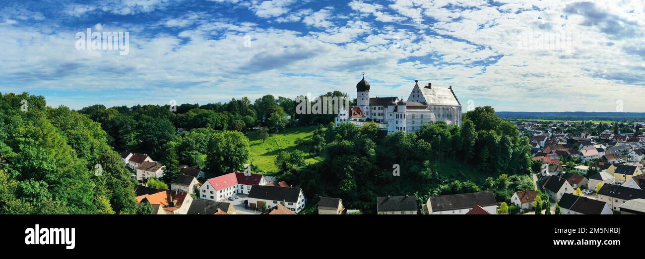Aerial view over Illertissen with a view of the historic Voehlinschloss ...