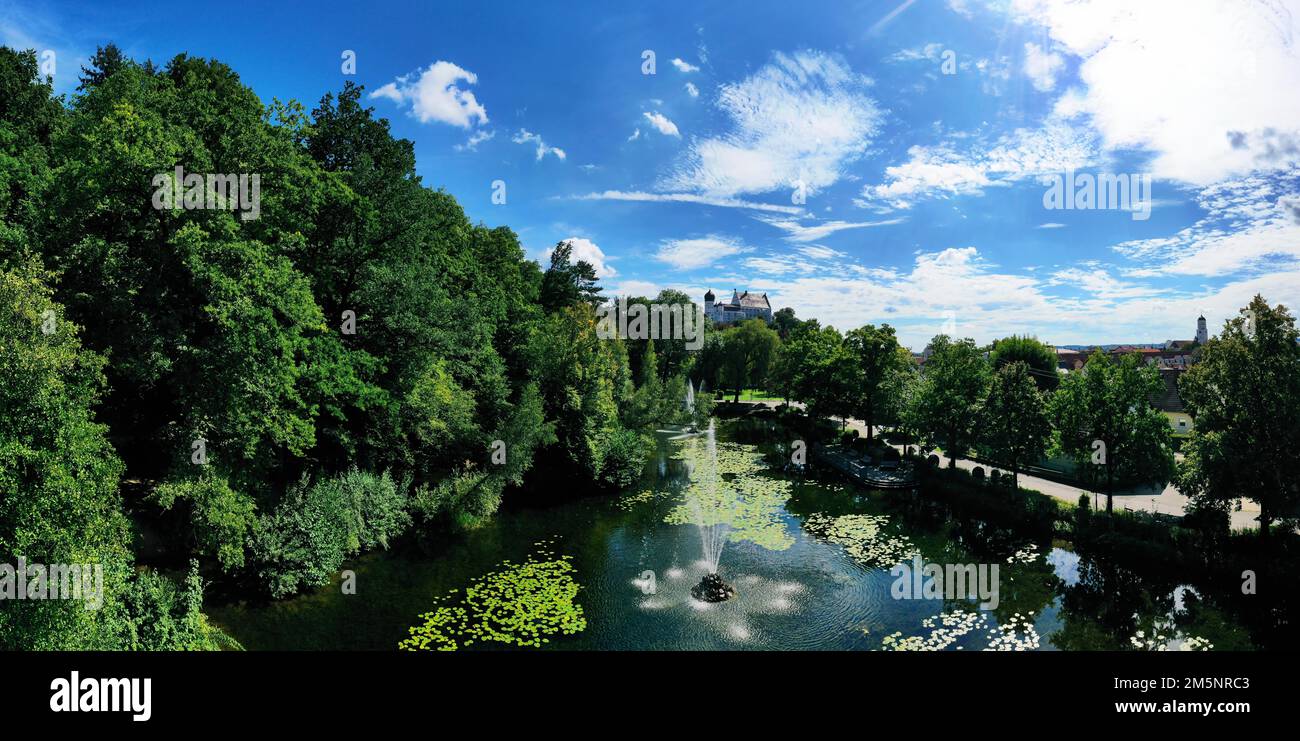 Aerial view over the pond in Illertissen with a view of the historic ...