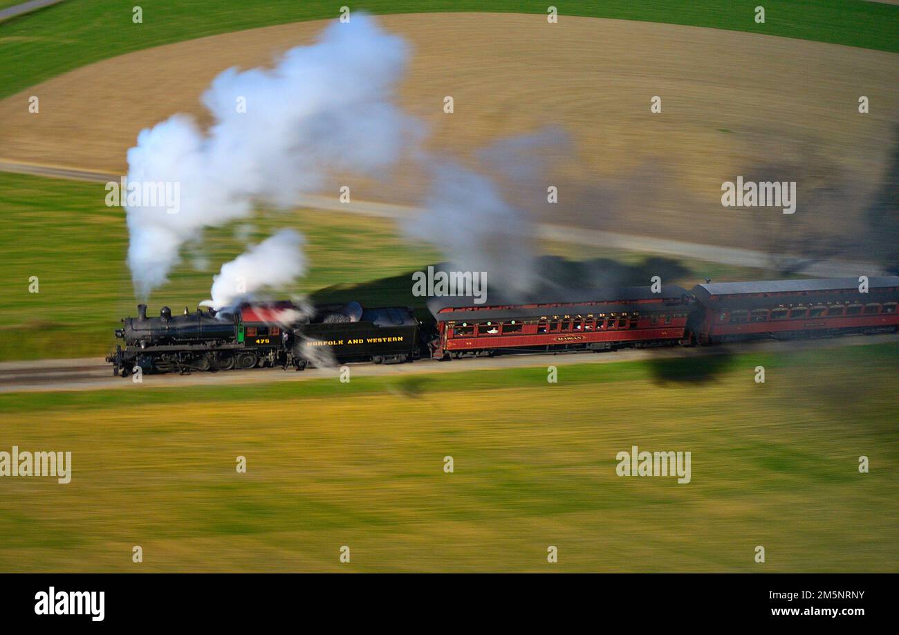An aerial view of the Strasburg Railroad engine 611 moving on its ...