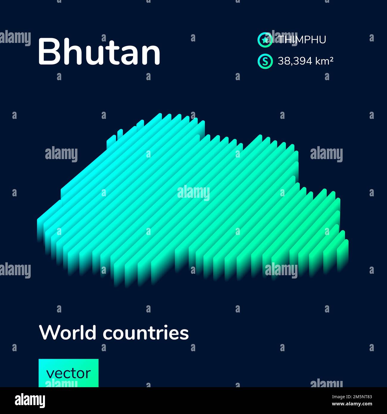 Bhutan 3D map. Stylized neon digital isometric striped vector Bhutan ...