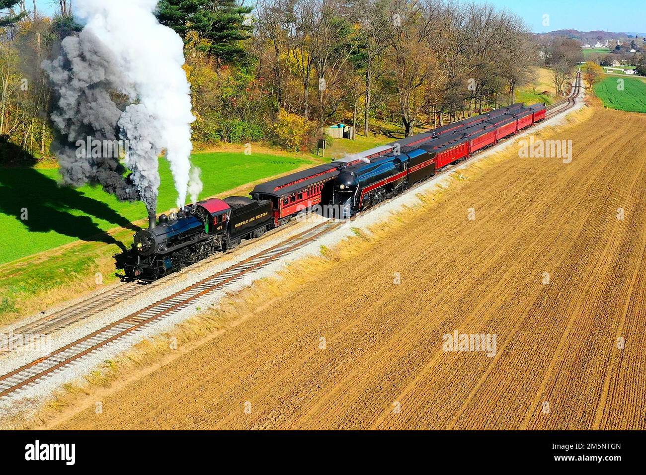 An aerial view of the Strasburg Railroad engine 611 moving on its ...
