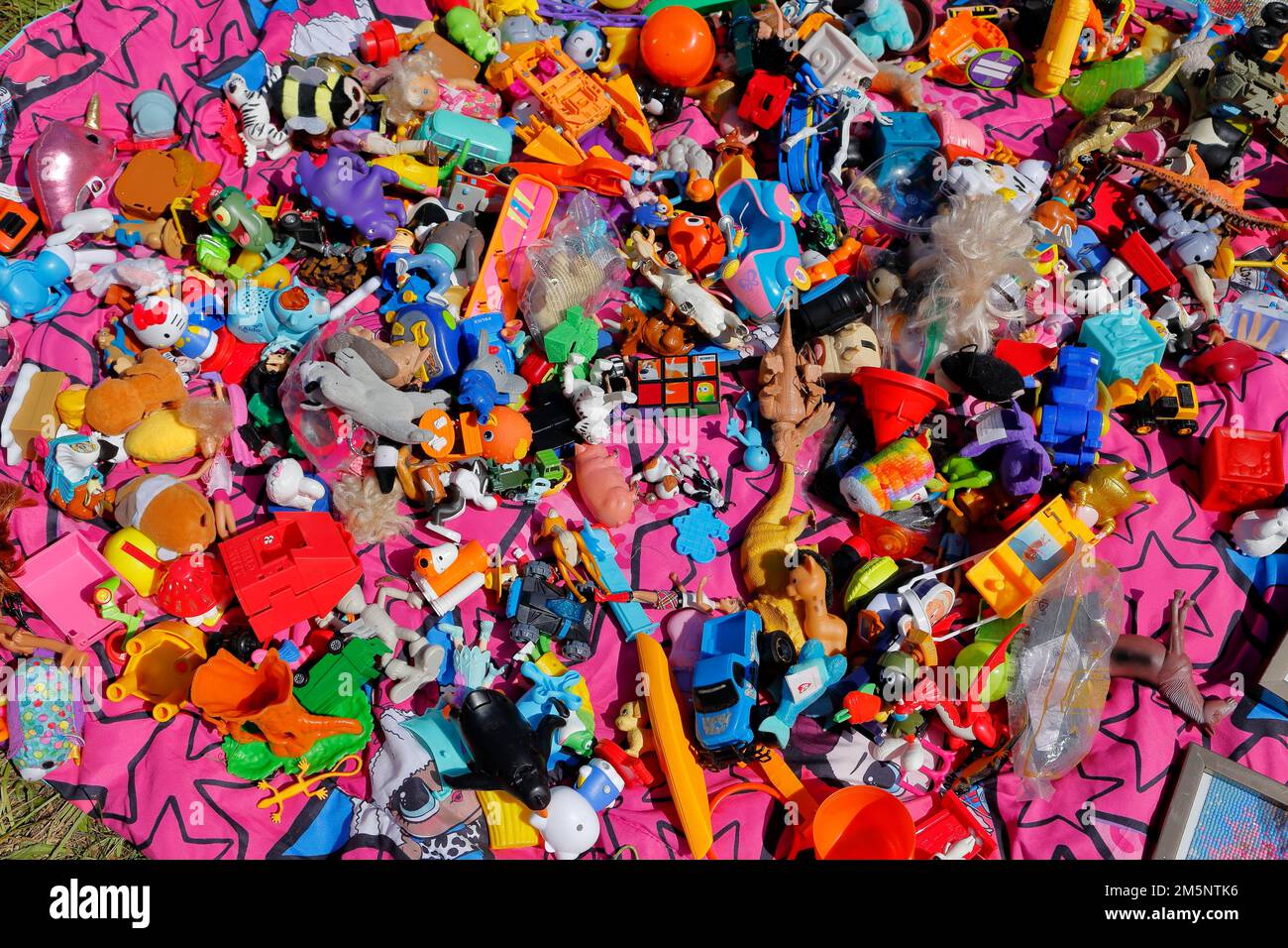 Small toys at a country flea market, Province of Quebec, Canada Stock ...