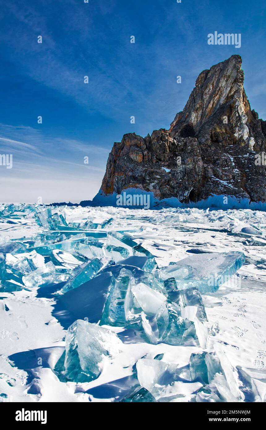 Ice chaos, shaman rock, Lake Baikal, Olkhon Island, Pribaikalsky National Park, Irkutsk Province ...