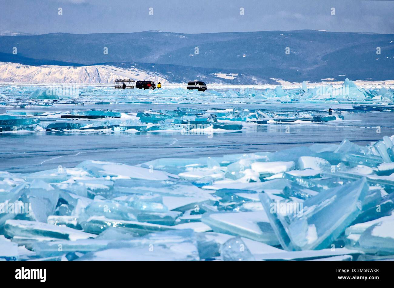 Ice and cars, Lake Baikal, Olkhon Island, Pribaikalsky National Park, Irkutsk Province, Siberia ...