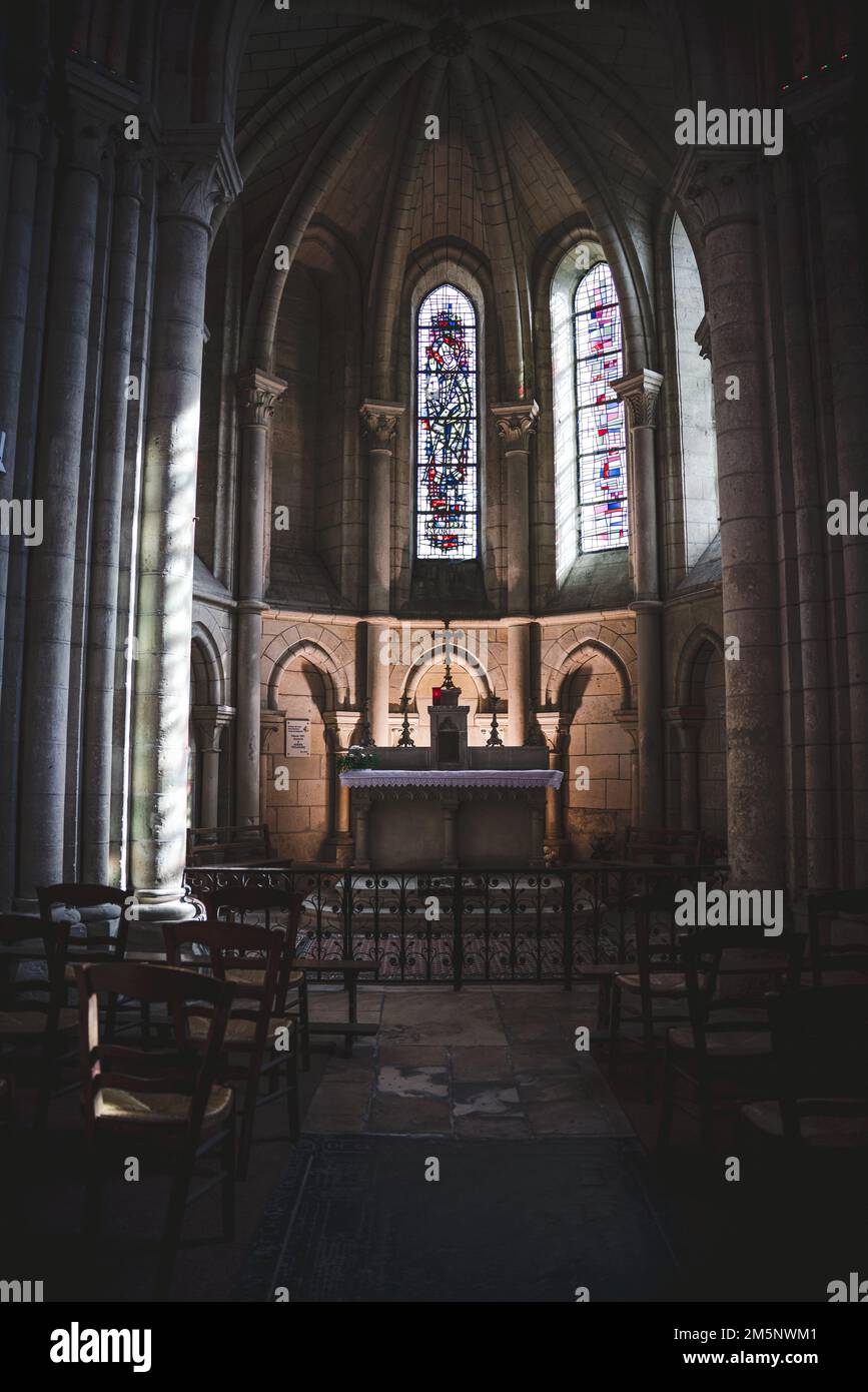 The interior inside of Laon Cathedral, France with long corridor with ...