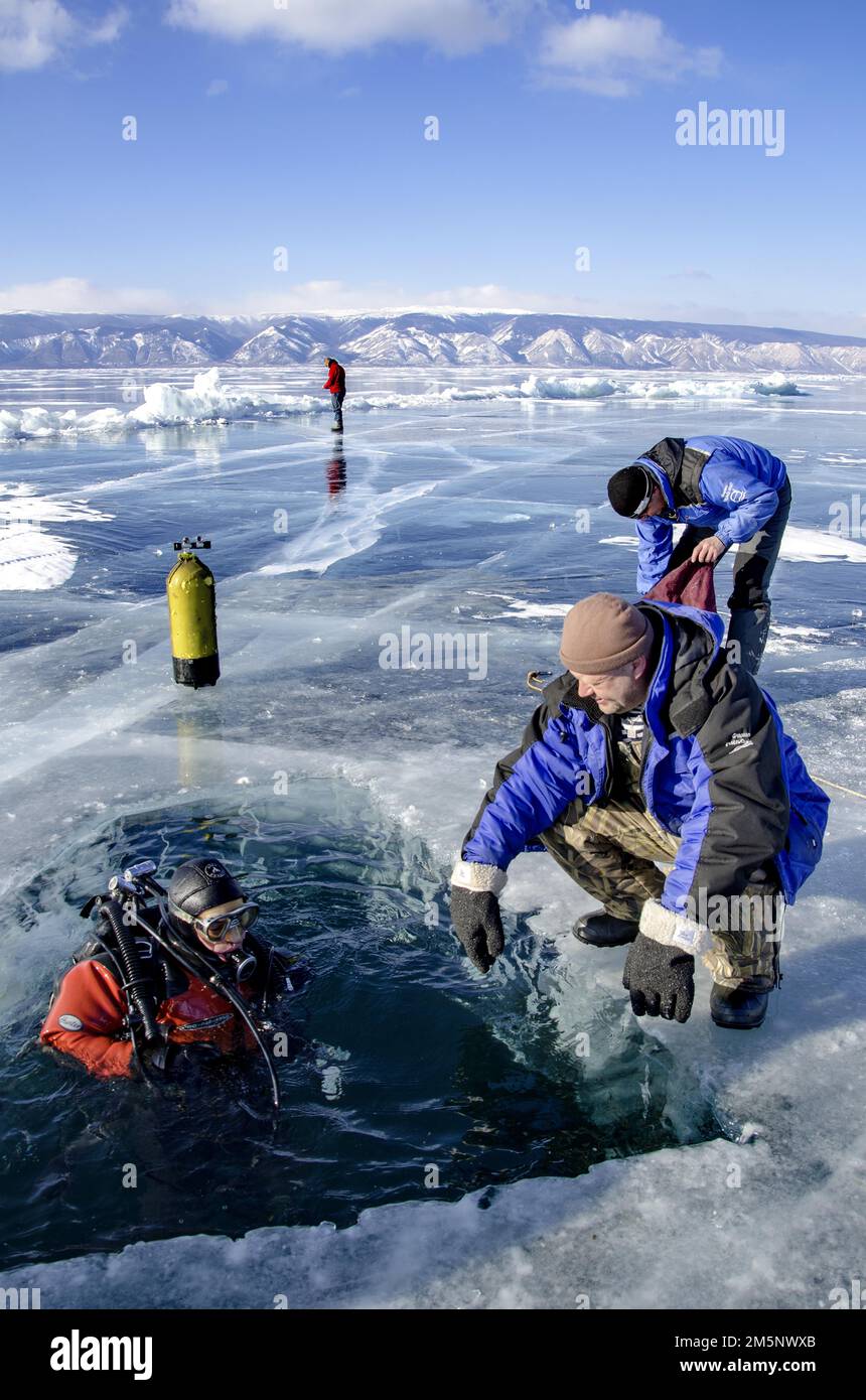 Scuba diver, Lake Baikal, Olkhon Island, Pribaikalsky National Park ...