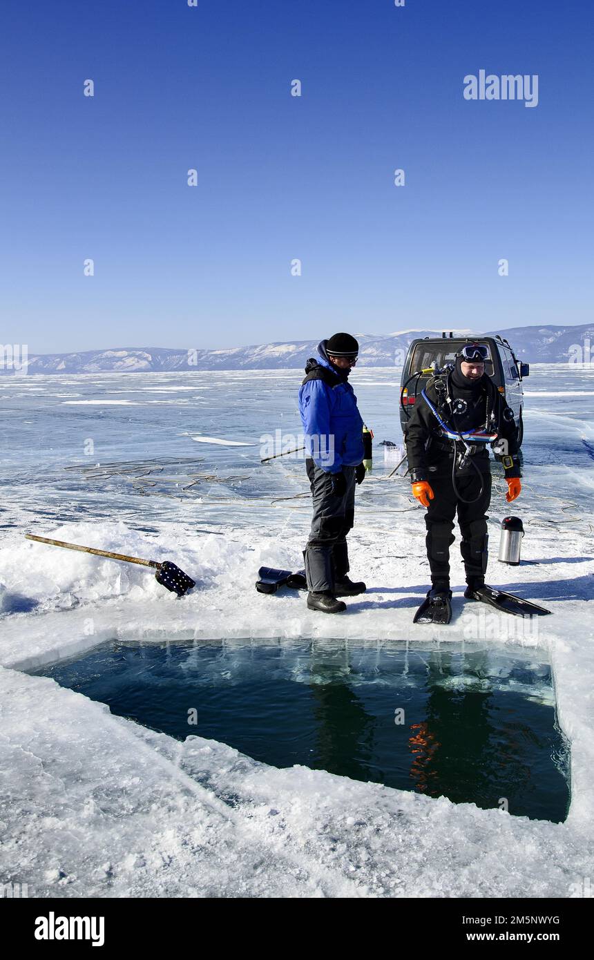 Scuba diver, Lake Baikal, Olkhon Island, Pribaikalsky National Park ...