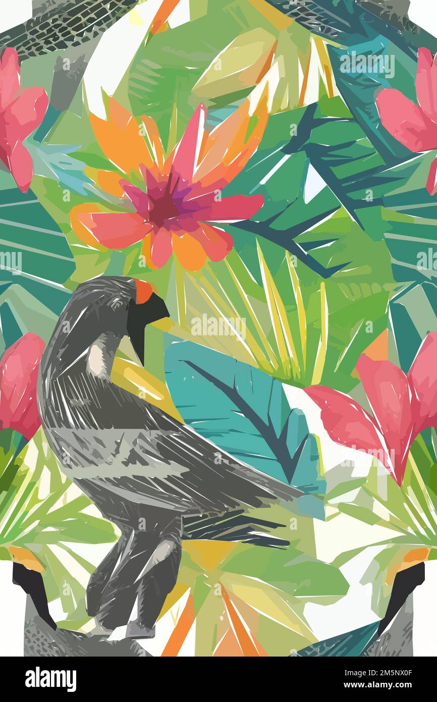 Colorful illustration of bird, flowers, leaves. Vector for wallpapers ...