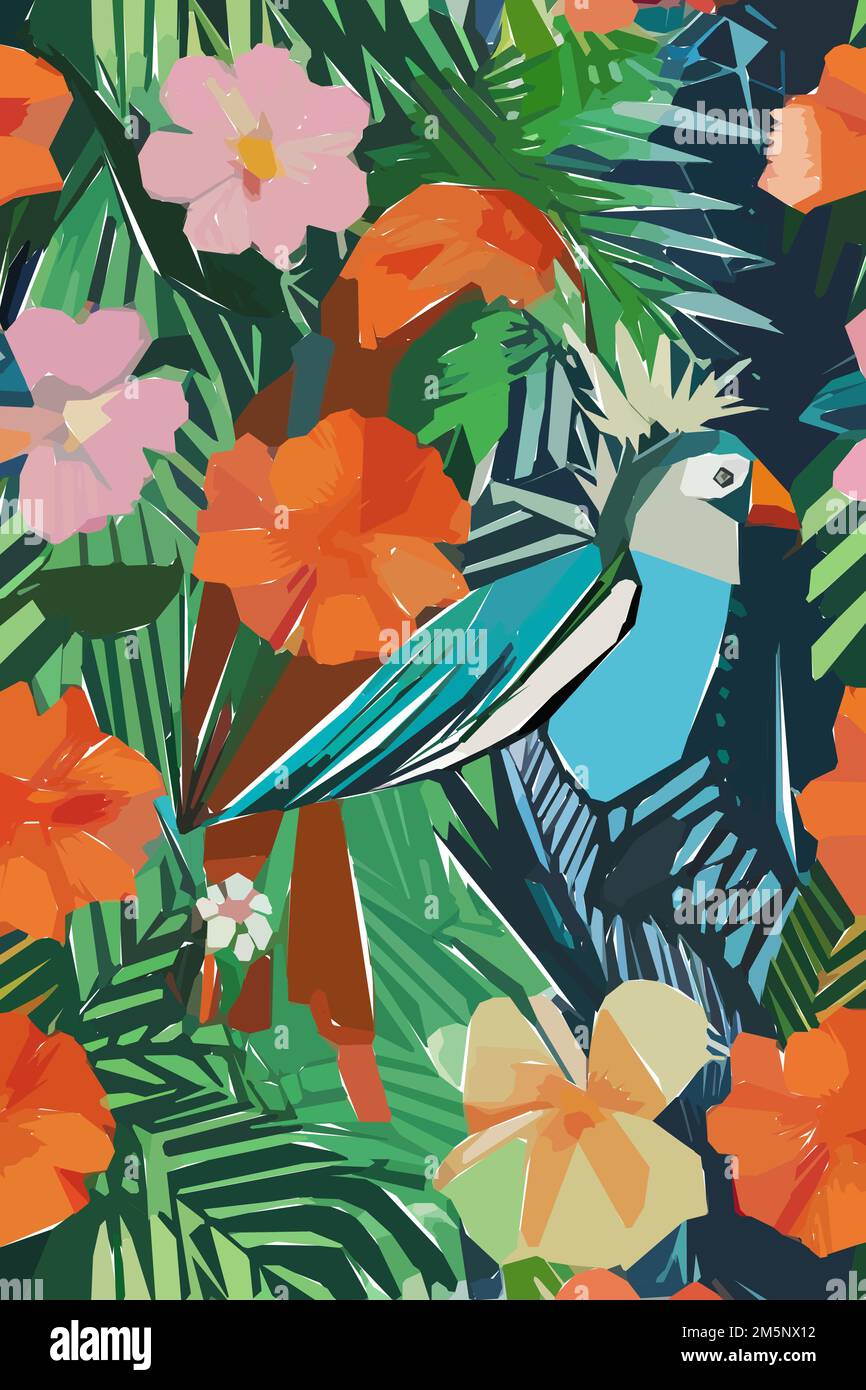Colorful illustration of bird, flowers, leaves. Vector for wallpapers ...