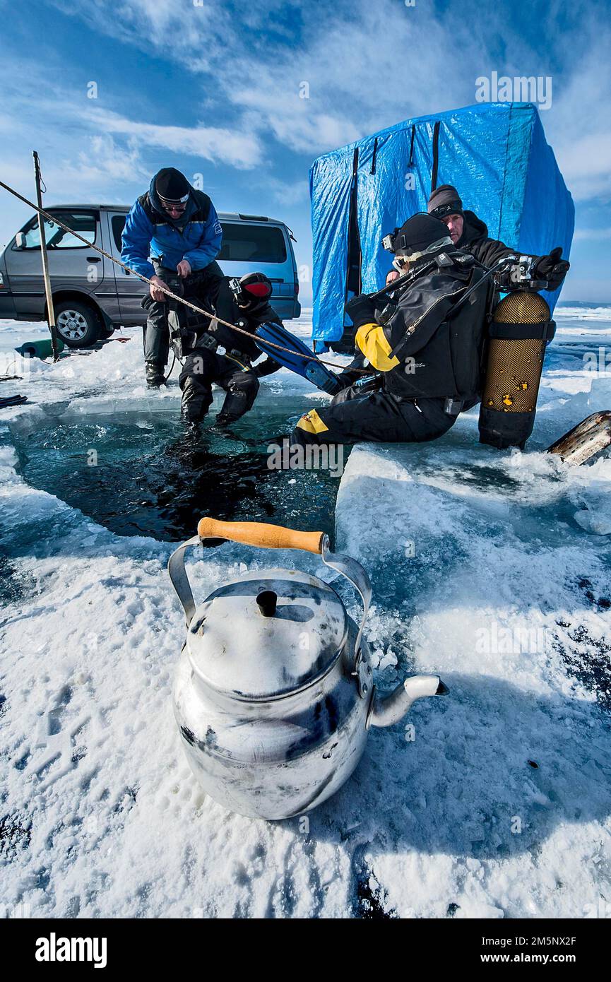 Scuba divers, Lake Baikal, Olkhon Island, Pribaikalsky National Park ...