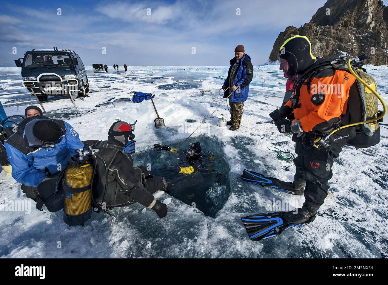 Scuba divers, scuba divers, Lake Baikal, Olkhon Island, Pribaikalsky ...