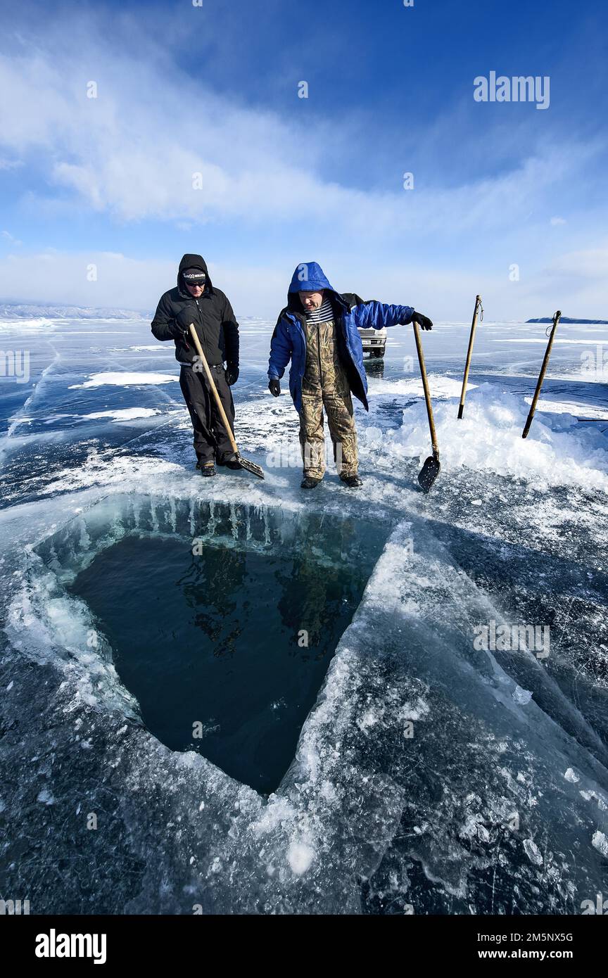 Hole in ice for scuba divers, Lake Baikal, Pribaikalsky National Park ...