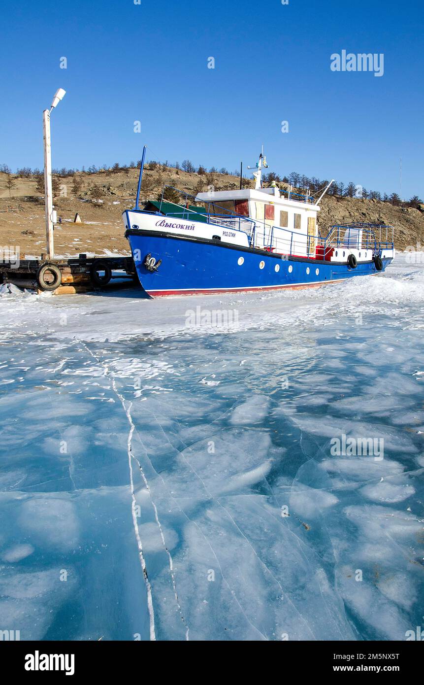Boat stuck by the ice, Lake Baikal, Olkhon Island, Pribaikalsky ...