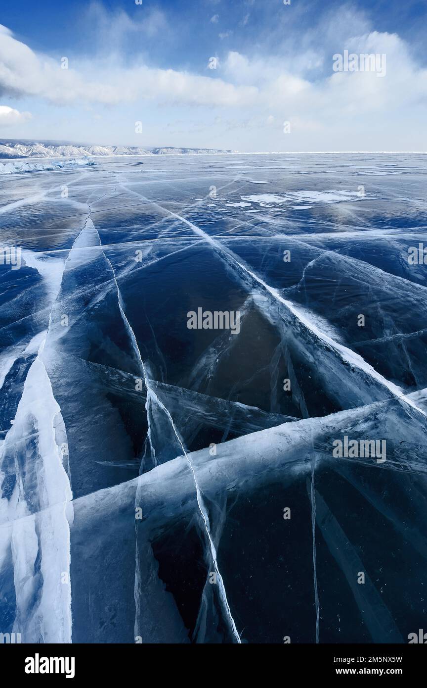 Ice cracks, Lake Baikal, Olkhon Island, Pribaikalsky National Park, Irkutsk Province, Siberia ...