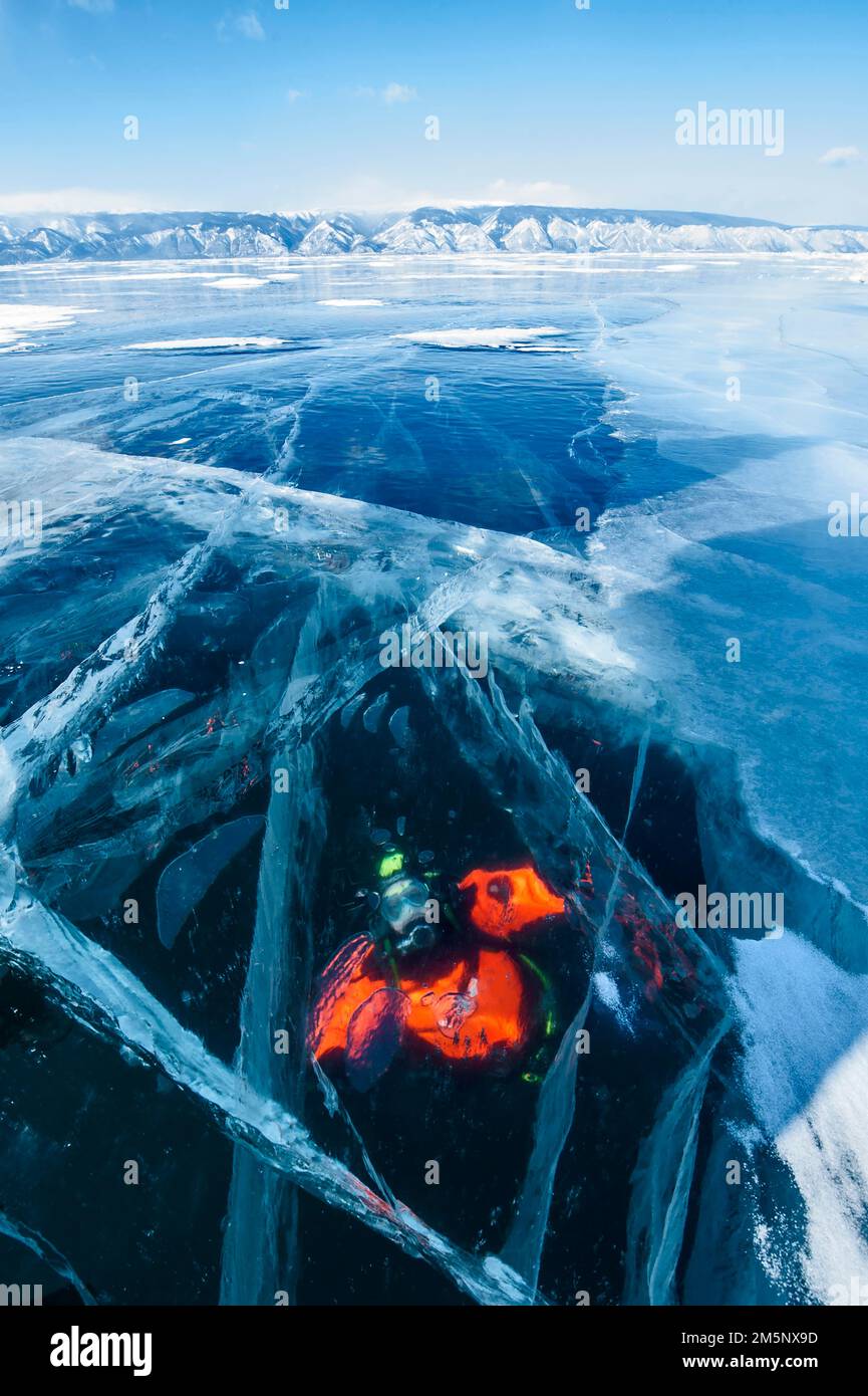 Scuba diver under ice, Lake Baikal, Pribaikalsky National Park, Irkutsk ...