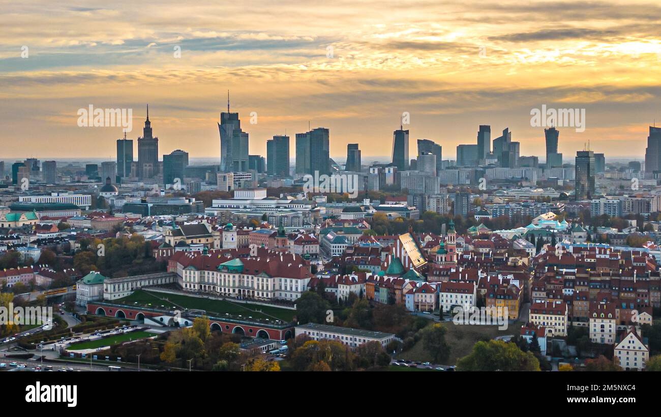 Warsaw at sunset. The capital of Poland is illuminated by a beautiful ...