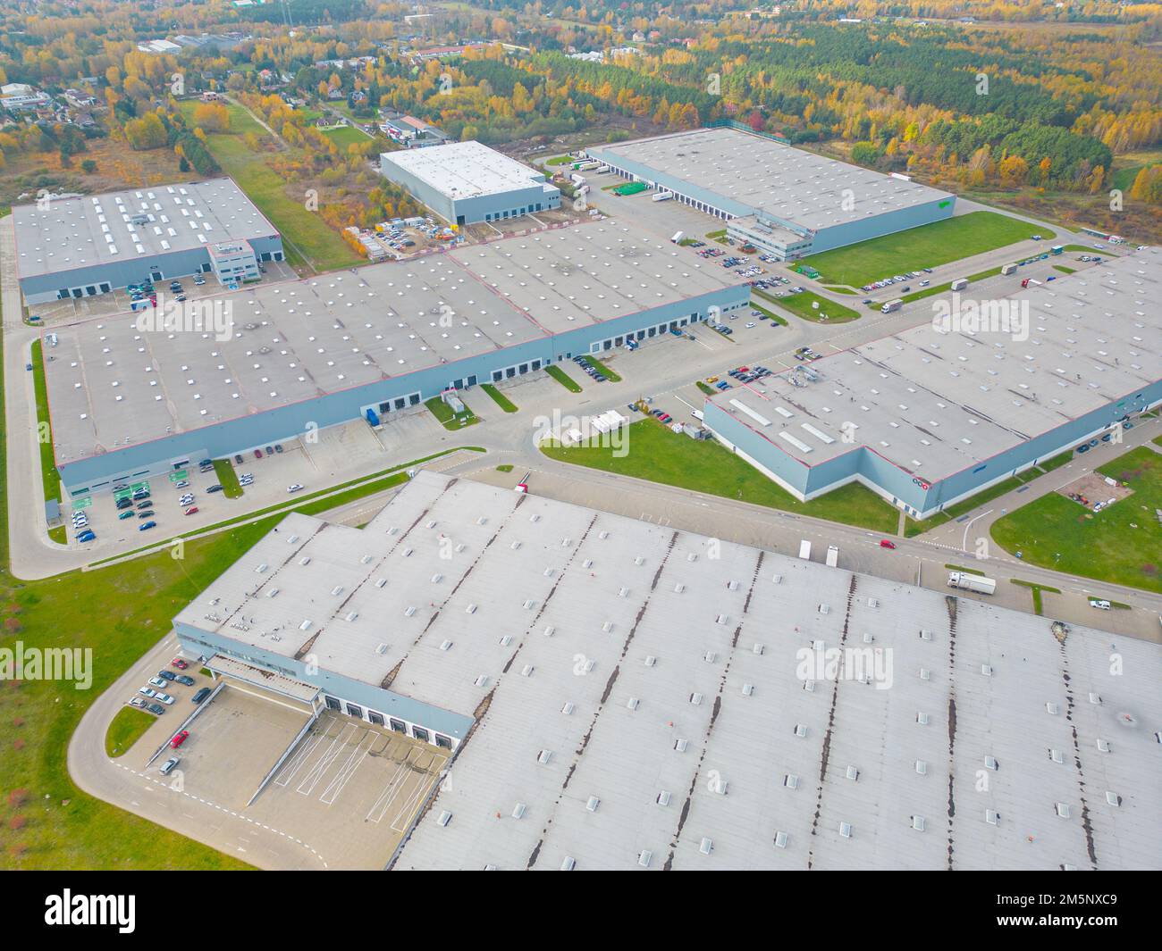 Aerial view of a logistics park with warehouse, loading hub and many ...