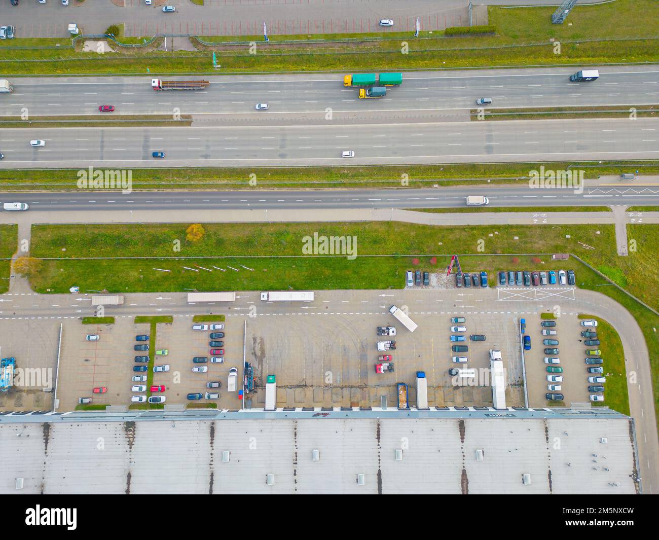 Aerial view of a logistics park with warehouse, loading hub and many ...