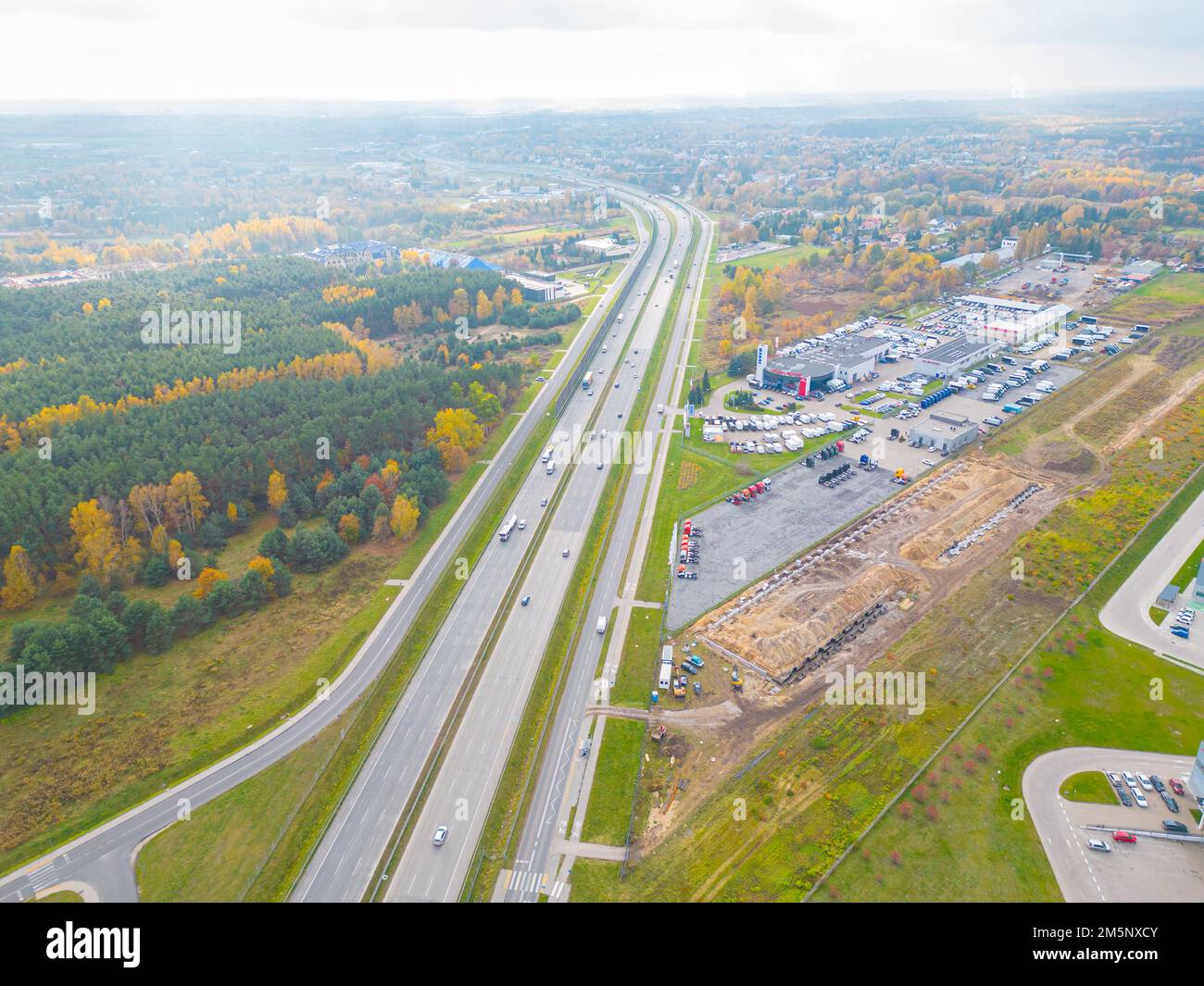 Aerial view of a logistics park with warehouse, loading hub and many ...