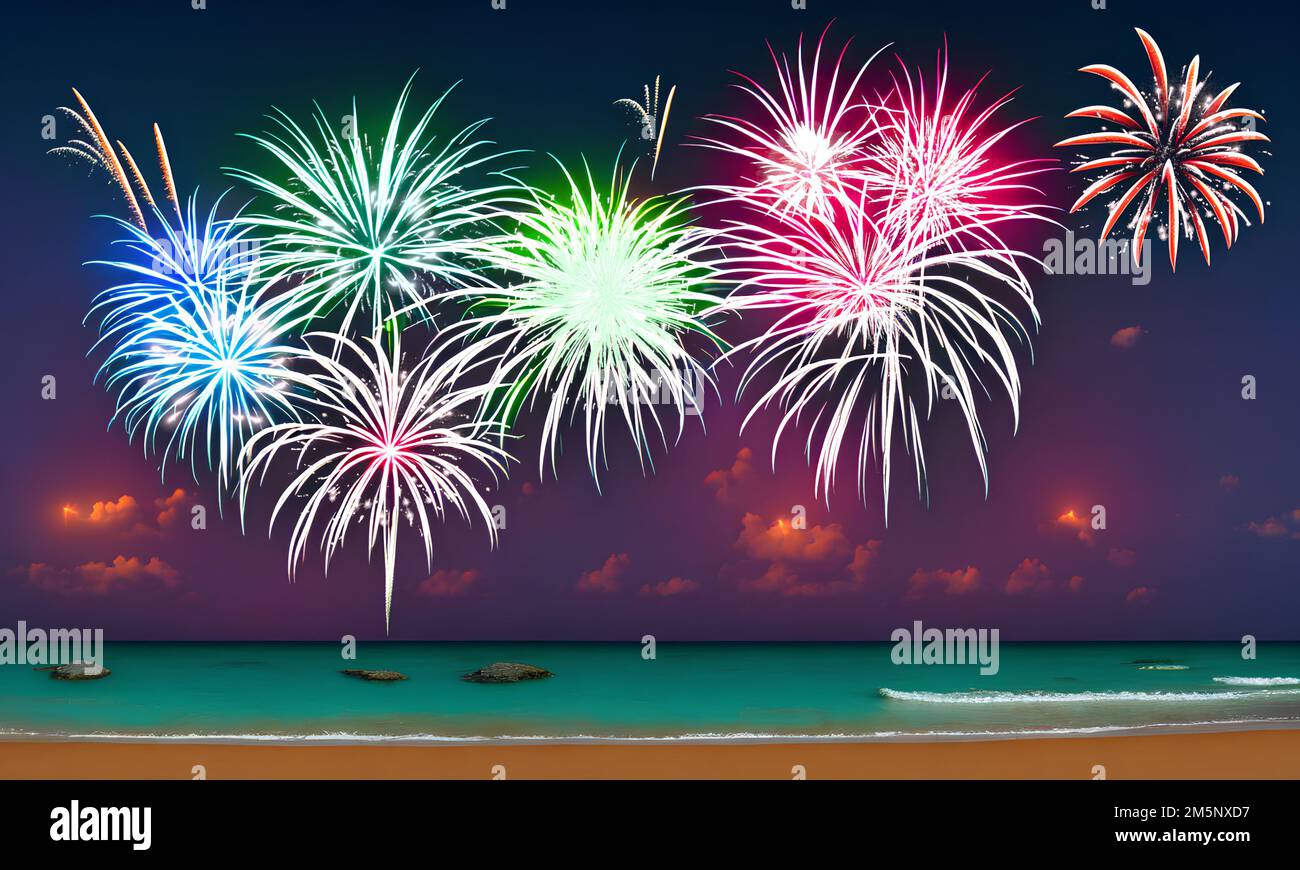 Fireworks on the beach - digital illustration Stock Photo - Alamy