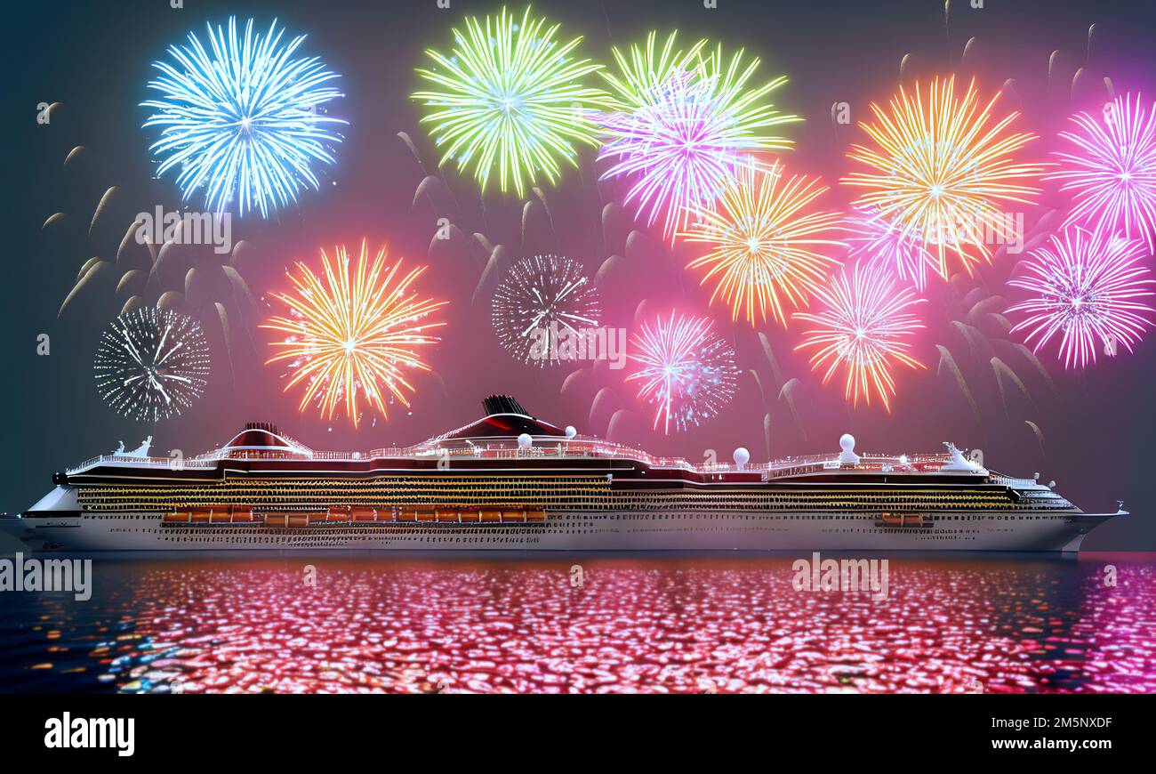 Cruise ship and Fireworks show - digital illustration Stock Photo - Alamy