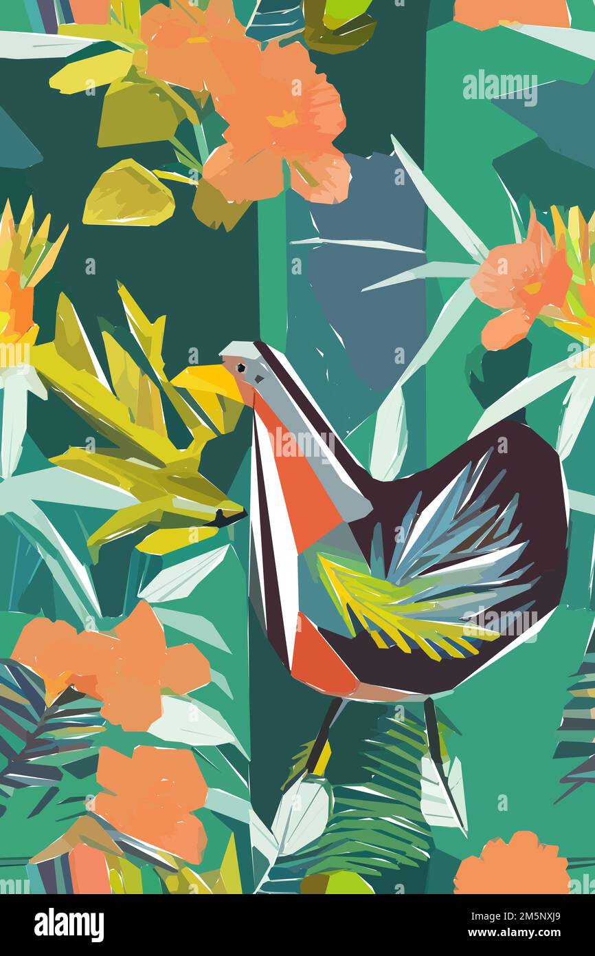 Colorful illustration of bird, flowers, leaves. Vector for wallpapers ...