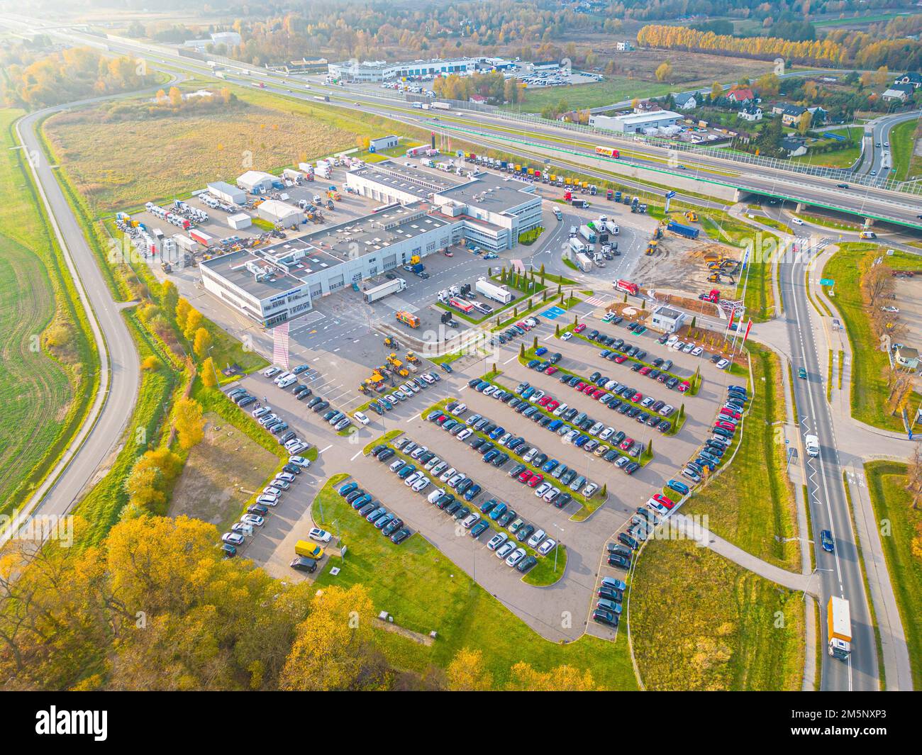 Aerial view of the logistics park with warehouse, loading hub and many ...